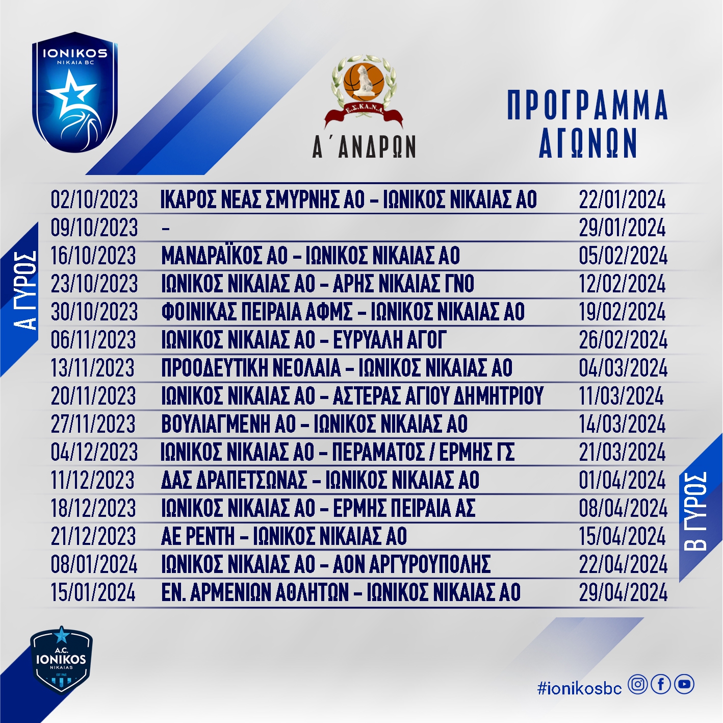 ΠΡΟΓΡΑΜΜΑ ΑΓΩΝΩΝ - Α΄ ΕΣΚΑΝΑ ΑΝΔΡΩΝ - A.C. IONIKOS NIKAIAS